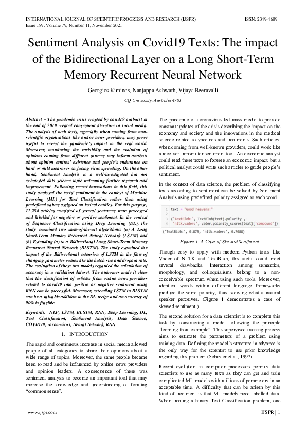 (PDF) Sentiment Analysis on Covid19 Texts: The impact of the Bidirectional Layer on a Long Short ...