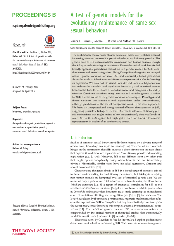 Pdf A Test Of Genetic Models For The Evolutionary Maintenance Of Same Sex Sexual Behaviour 