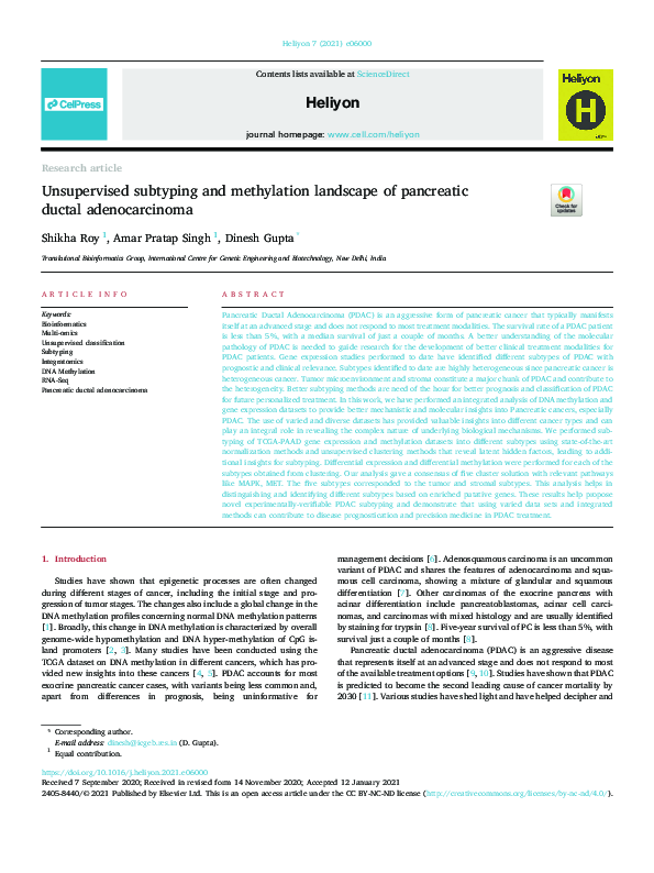 (PDF) Unsupervised subtyping and methylation landscape of pancreatic ductal adenocarcinoma