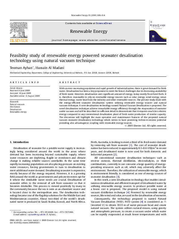 (PDF) Feasibilty study of renewable energy powered seawater ...