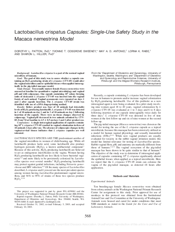 (PDF) Lactobacillus crispatus Capsules: Single-Use Safety Study in the ...
