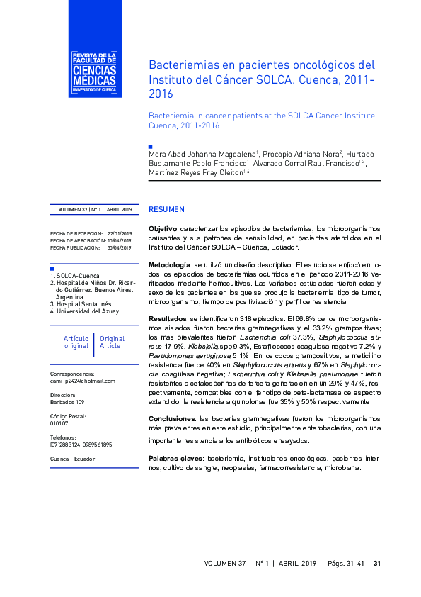 (PDF) Bacteriemias en pacientes oncológicos del Instituto del Cáncer ...