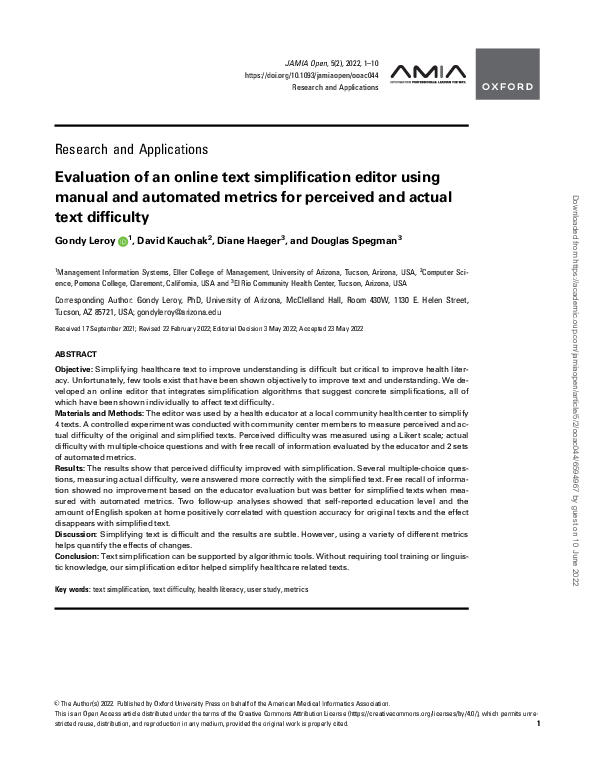 (PDF) Evaluation of an online text simplification editor using manual and automated metrics for ...