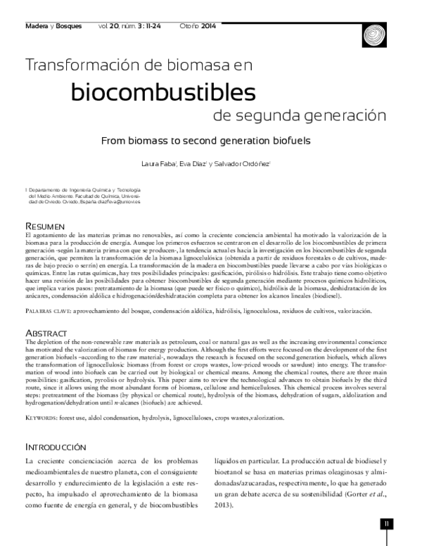 (PDF) Transformación de biomasa en biocombustibles de segunda generación
