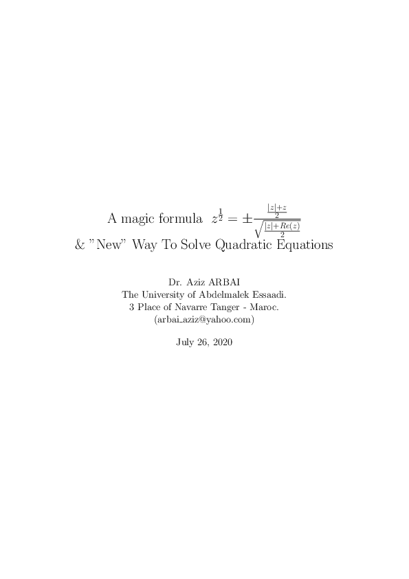 (PDF) A Magic Formula & "New" Way to Solve Quadratic Equations