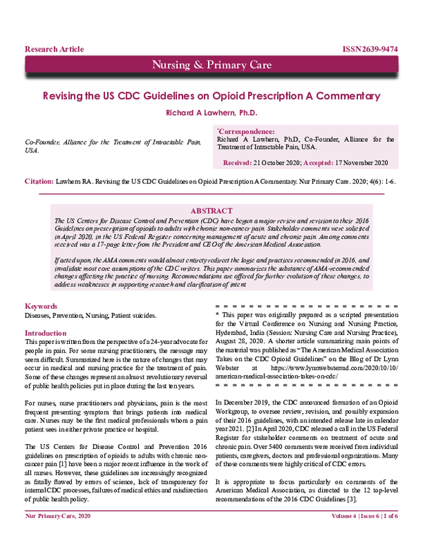 (PDF) Revising the US CDC Guidelines on Opioid Prescription A Commentary