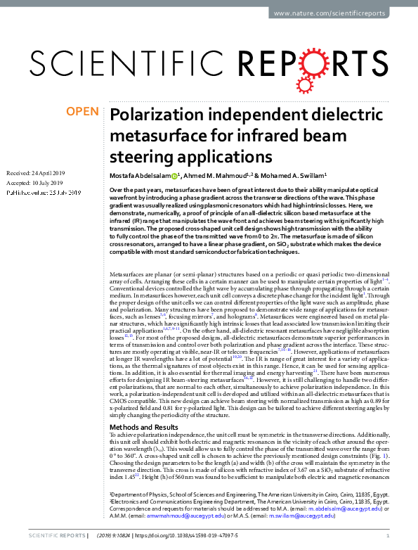 (PDF) Polarization independent dielectric metasurface for infrared beam steering applications