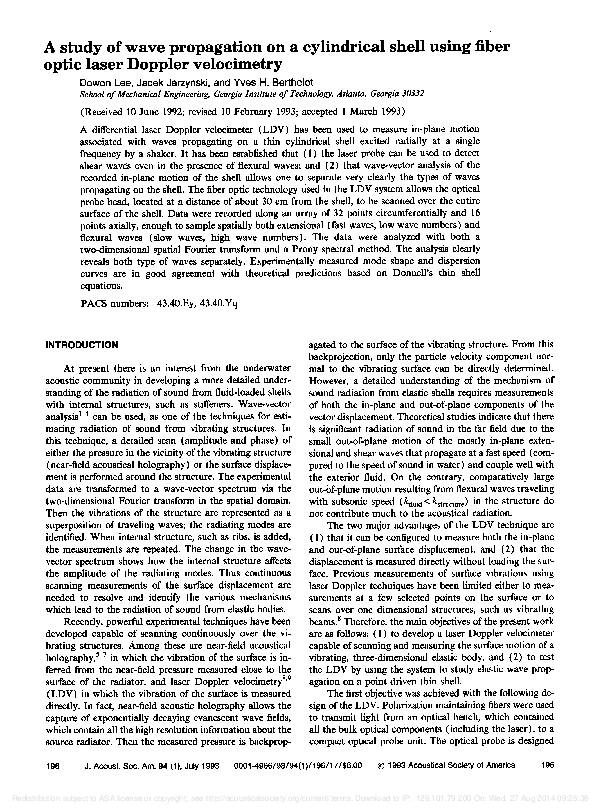 (PDF) A study of wave propagation on a cylindrical shell using fiber optic laser Doppler velocimetry