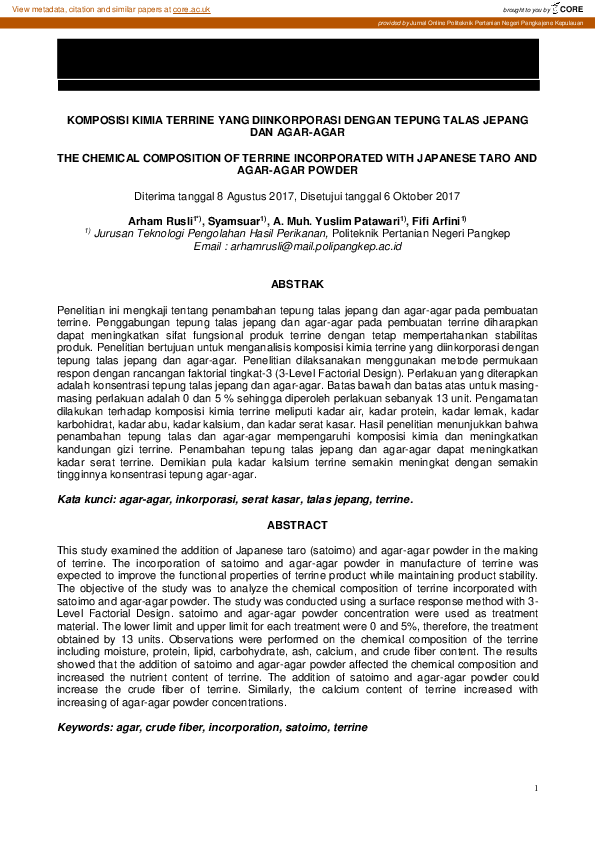 (PDF) Komposisi Kimia Terrine yang Diinkorporasi dengan Tepung Talas Jepang dan Agar-Agar ...
