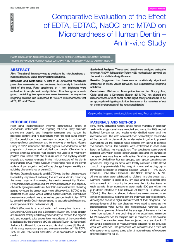 Pdf Comparative Evaluation Of The Effect Of Edta Edtac Naocl And Mtad On Microhardness Of