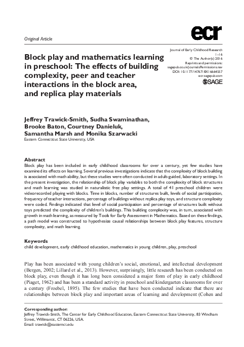 (PDF) Block play and mathematics learning in preschool: The effects of ...