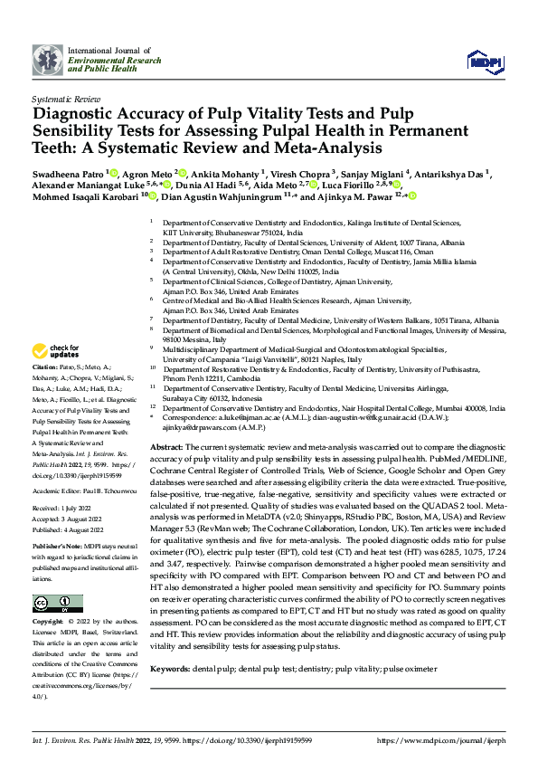 (PDF) Diagnostic Accuracy of Pulp Vitality Tests and Pulp Sensibility ...
