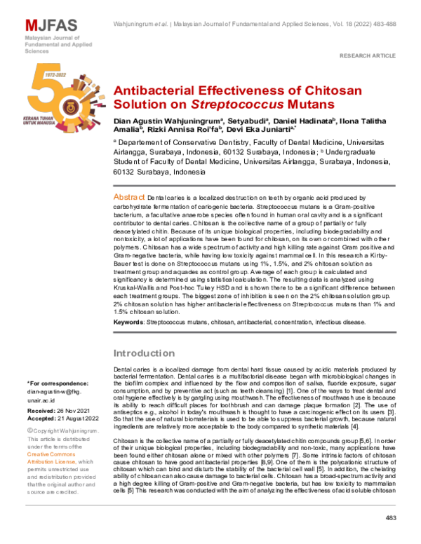 (PDF) Antibacterial Effectiveness of Chitosan Solution on Streptococcus Mutans