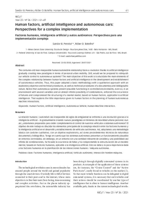 (PDF) Human factors, artificial intelligence and autonomous cars: Perspectives for a complex ...