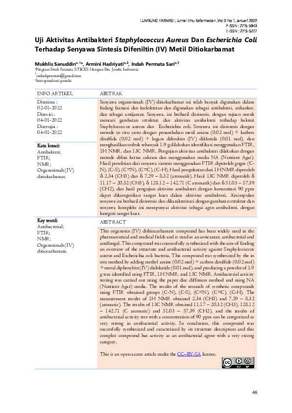(PDF) Uji Aktivitas Antibakteri Staphylococcus Aureus Dan Escherichia Coli Terhadap Senyawa ...