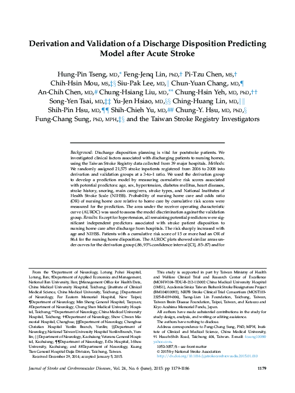 (PDF) Derivation and Validation of a Discharge Disposition Predicting Model after Acute Stroke