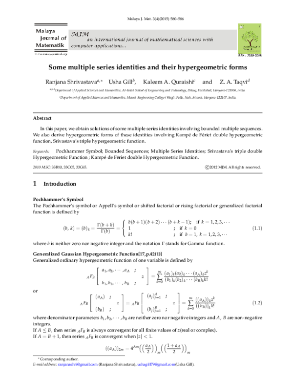 (PDF) Some multiple series identities and their hypergeometric forms
