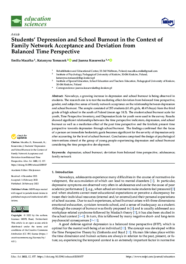 (PDF) Students’ Depression and School Burnout in the Context of Family ...