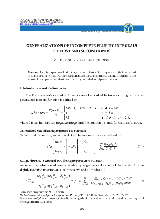 (PDF) Generalizations of incomplete elliptic integrals of first and second kinds