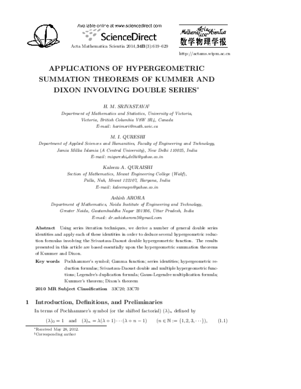Pdf Applications Of Hypergeometric Summation Theorems Of Kummer And Dixon Involving Double Series
