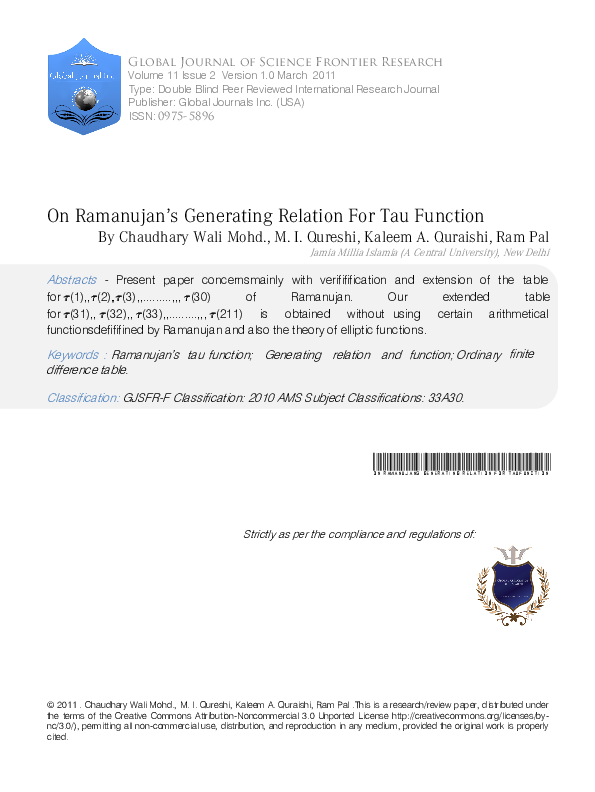 Pdf On Ramanujans Generating Relation For Tau Function Kaleem Quraishi
