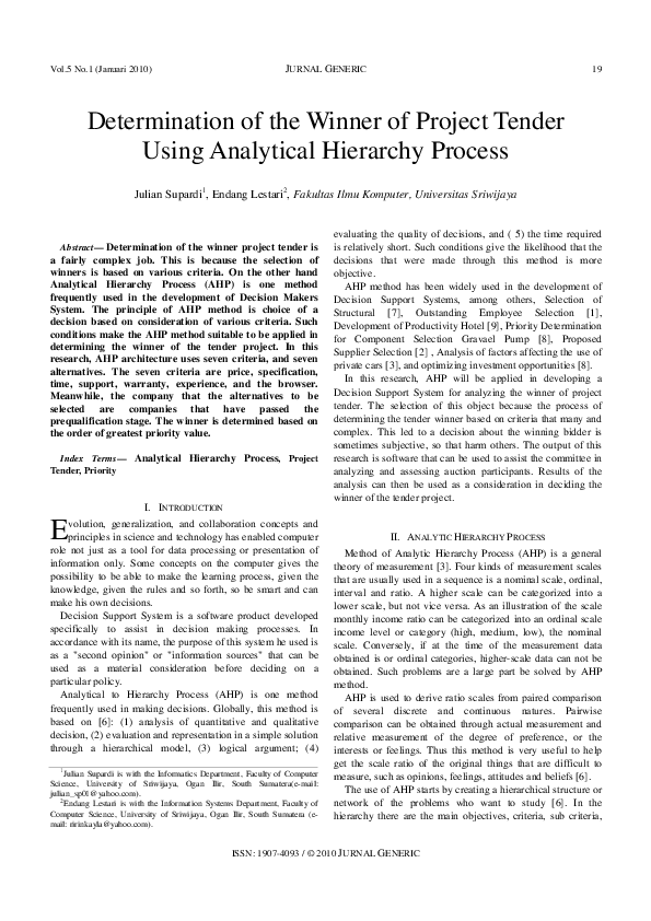 (PDF) Determination of the Winner of Project Tender Using Analytical Hierarchy Process
