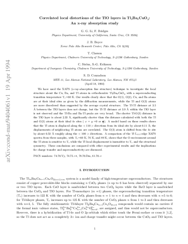 Correlated local distortions of the TlO layers inTl2Ba2CuOy: An x-ray ...