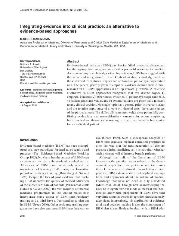 Pdf Integrating Evidence Into Clinical Practice An Alternative To Evidence Based Approaches 