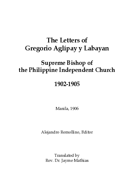 (PDF) The Letters of Gregorio Aglípay y Labayan, Supreme Bishop of the ...