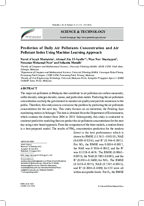 (PDF) Prediction of Daily Air Pollutants Concentration and Air Pollutant Index Using Machine ...