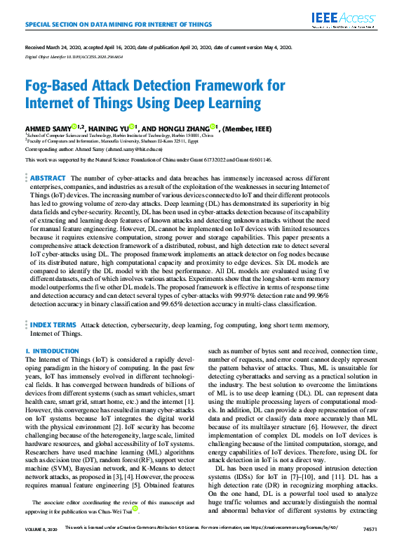 (PDF) Fog-Based Attack Detection Framework for Internet of Things Using Deep Learning