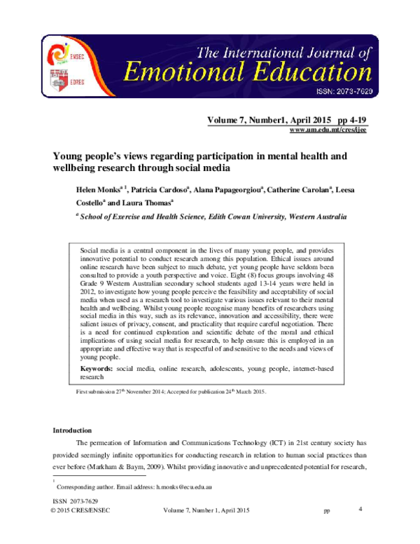 (PDF) Young people's views regarding participation in mental health and wellbeing research ...