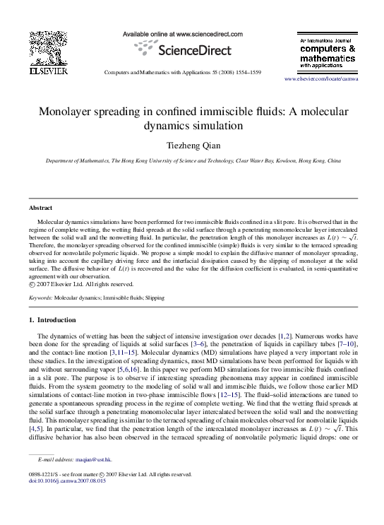 Pdf Monolayer Spreading In Confined Immiscible Fluids A Molecular Dynamics Simulation