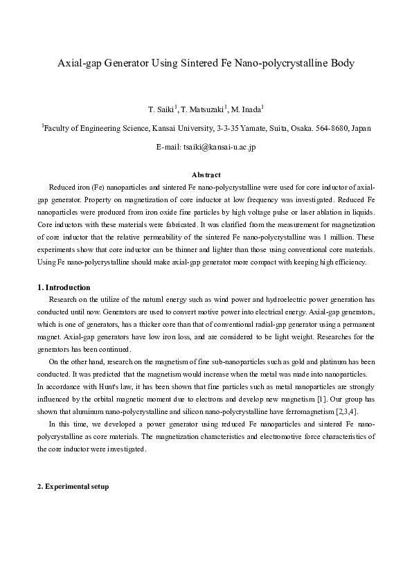(PDF) Axial-gap Generator Using Sintered Fe Nano-polycrystalline Body