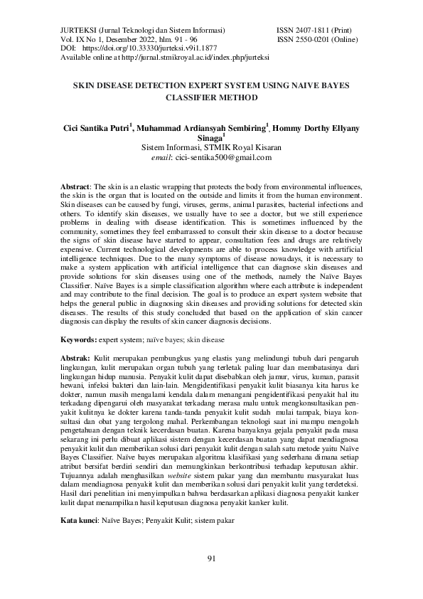 (PDF) Skin Disease Detection Expert System Using Naive Bayes Classifier Method