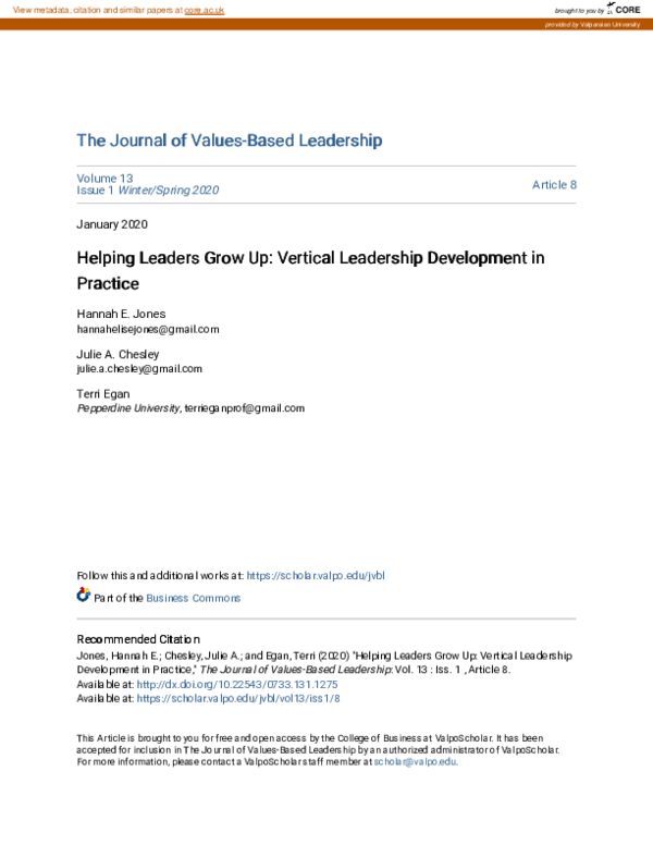 (PDF) Helping Leaders Grow Up: Vertical Leadership Development in Practice