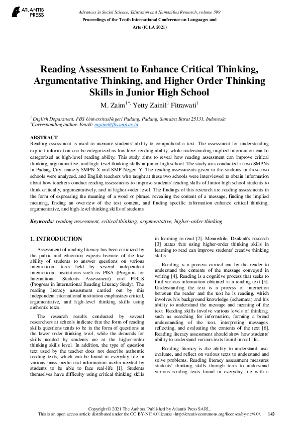 (PDF) Reading Assessment to Enhance Critical Thinking, Argumentative Thinking, and Higher Order ...