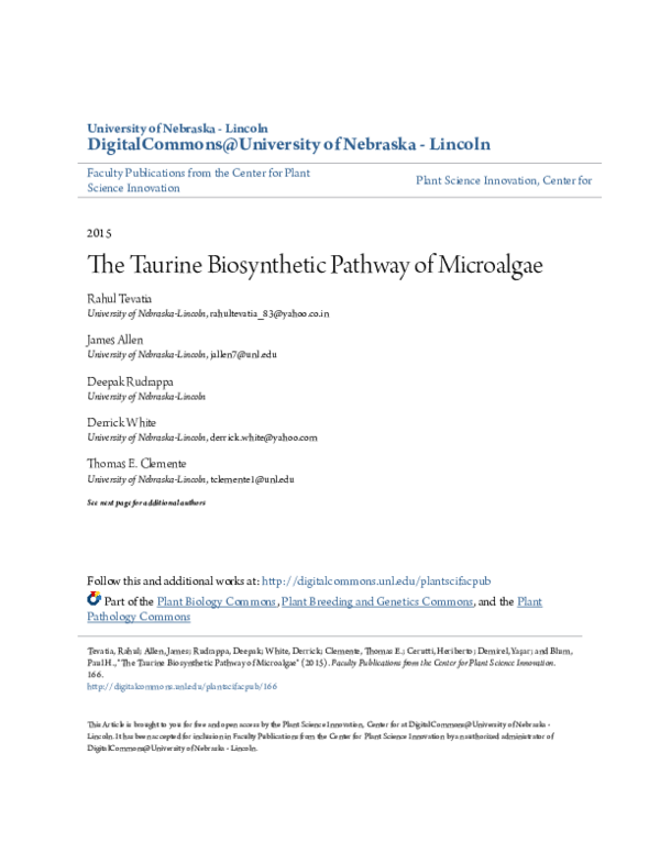 (PDF) The taurine biosynthetic pathway of microalgae