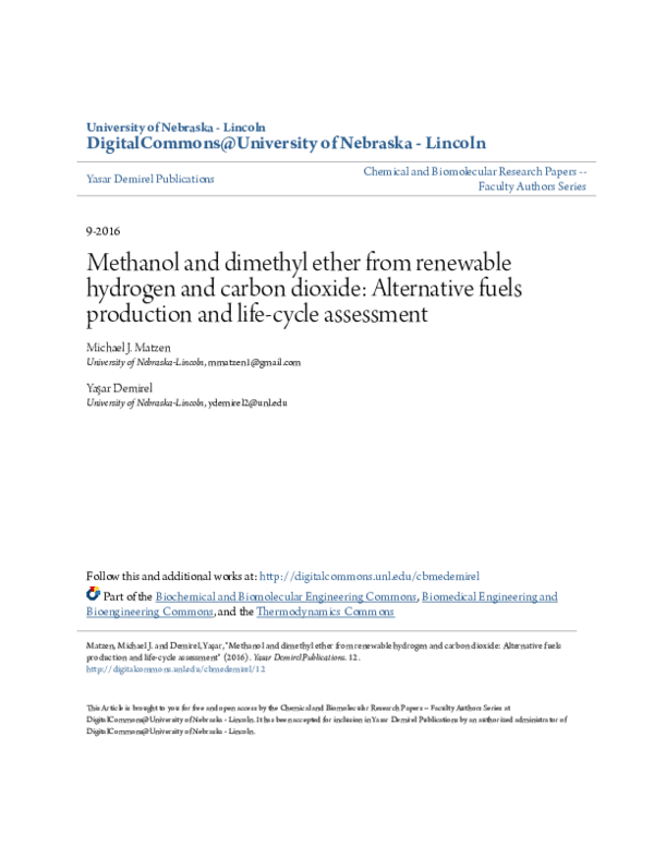 (PDF) Methanol and dimethyl ether from renewable hydrogen and carbon ...