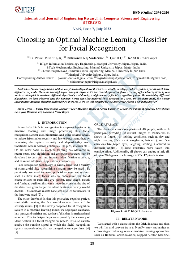 (PDF) Choosing an Optimal Machine Learning Classifier for Facial ...