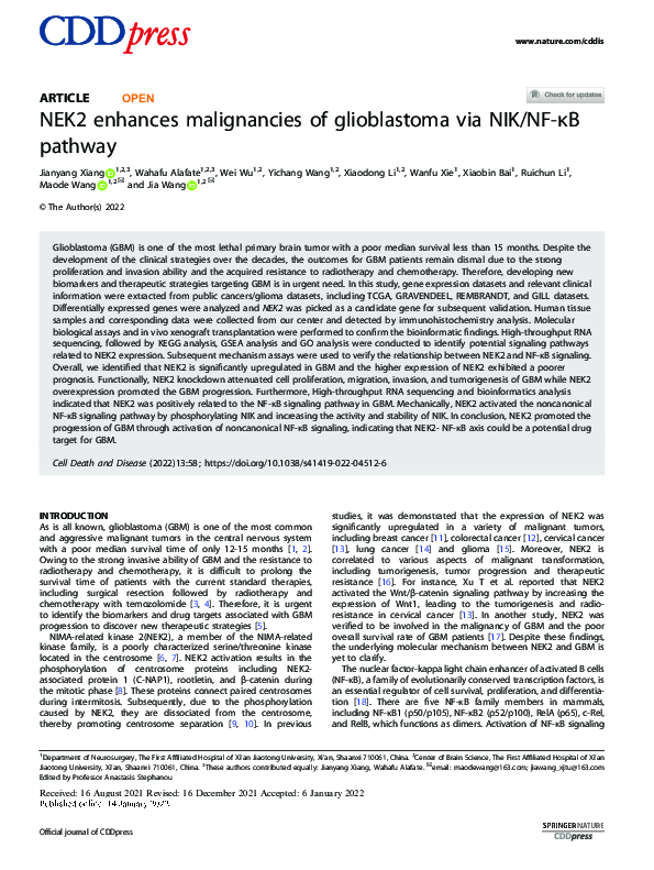 (PDF) NEK2 enhances malignancies of glioblastoma via NIK/NF-κB pathway