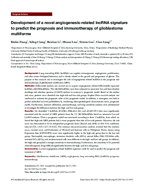 (PDF) Development of a novel angiogenesis-related lncRNA signature to predict the prognosis and ...