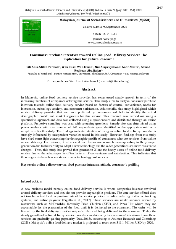 Pdf Consumer Purchase Intention Toward Online Food Delivery Service The Implication For