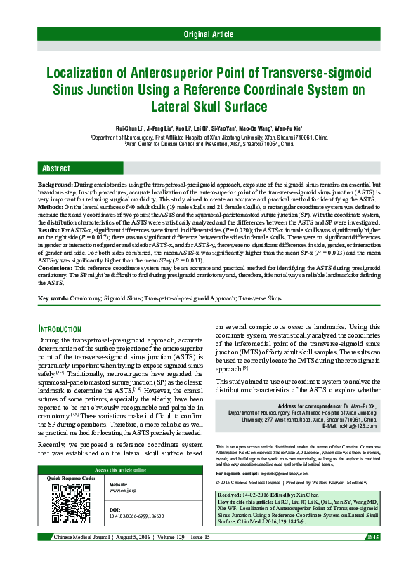 (PDF) Localization of Anterosuperior Point of Transverse-sigmoid Sinus ...