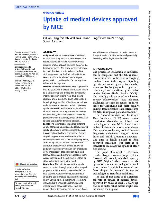 (PDF) Uptake of medical devices approved by NICE