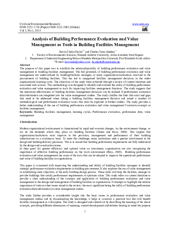 (PDF) Analysis of Building Performance Evaluation and Value Management as Tools in Building ...