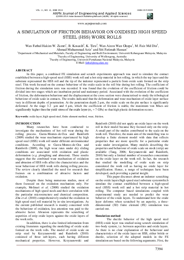 (PDF) A simulation of friction behavior on oxidised high speed steel (HSS) work rolls