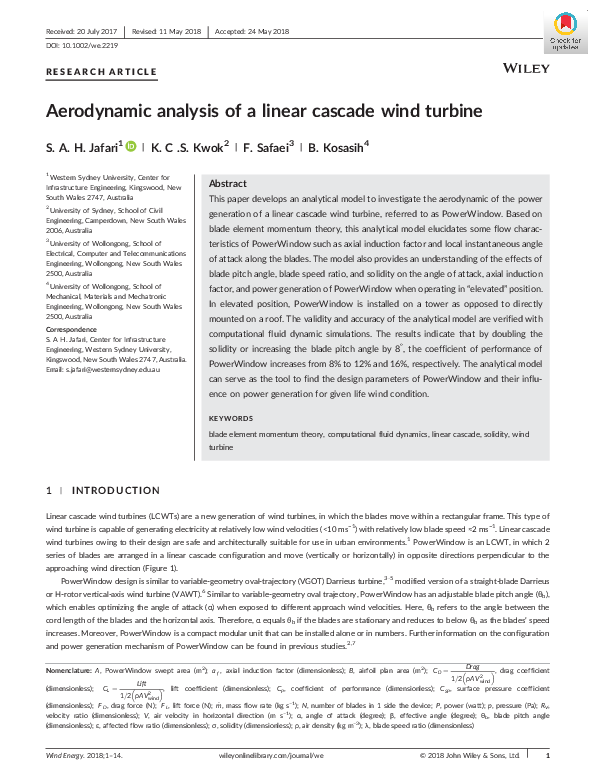 Pdf Aerodynamic Analysis Of A Linear Cascade Wind Turbine