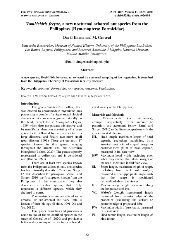 (PDF) Vombisidris freyae, a new nocturnal arboreal ant species from the ...