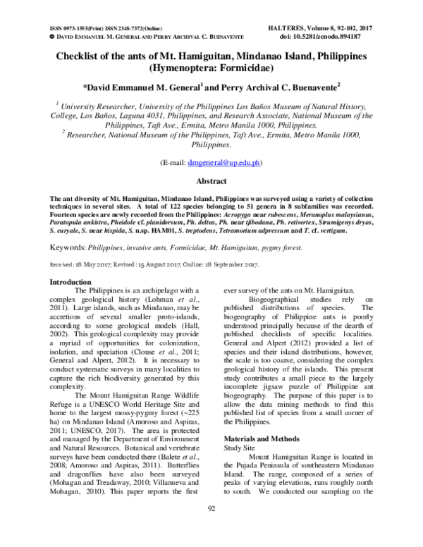 (PDF) Checklist Of The Ants Of Mt. Hamiguitan, Mindanao Island ...